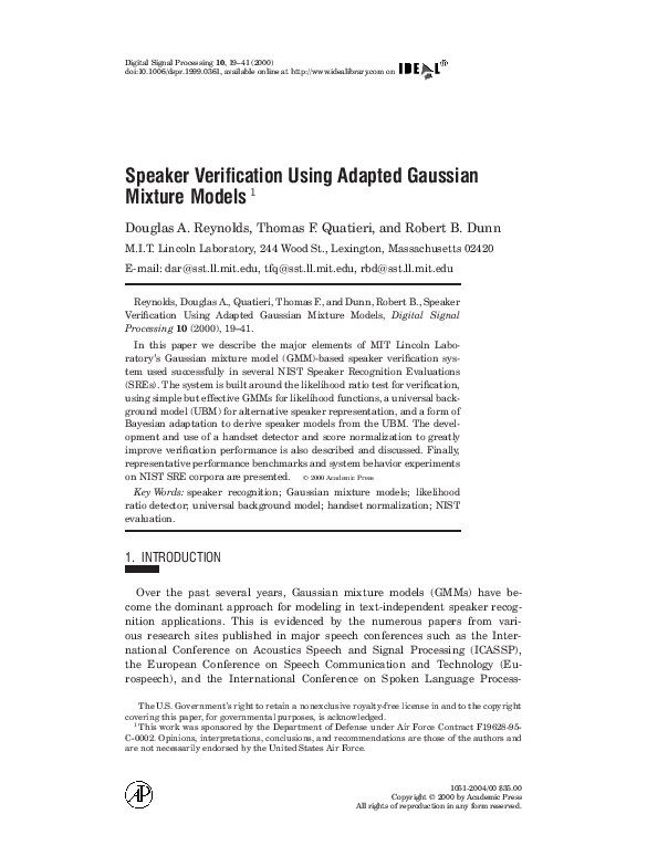 (PDF) Speaker verification using adapted Gaussian mixture models