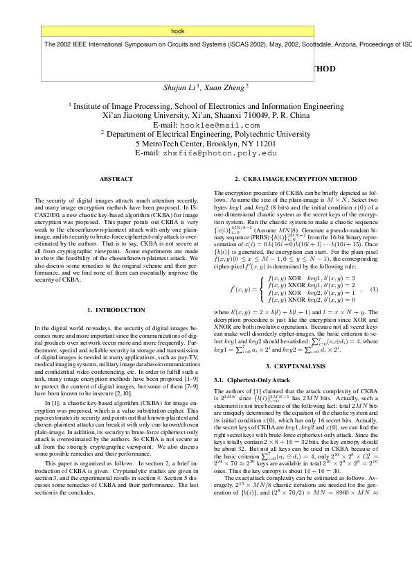Pdf Cryptanalysis Of A Chaotic Image Encryption Method