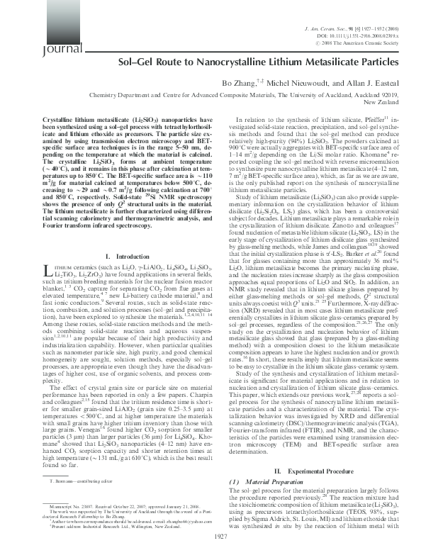 (PDF) Sol–Gel Route to Nanocrystalline Lithium Metasilicate Particles