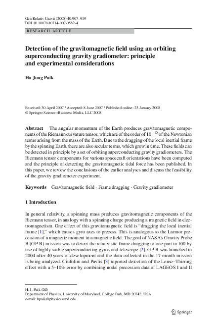 Pdf Detection Of The Gravitomagnetic Field Using An Orbiting Superconducting Gravity