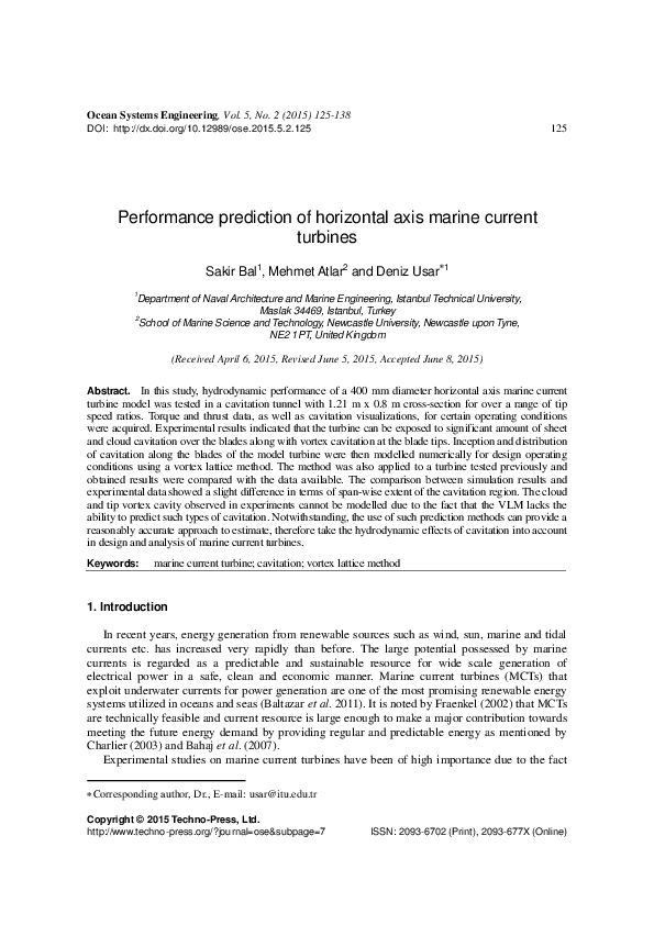 Pdf Performance Prediction Of Horizontal Axis Marine Current Turbines
