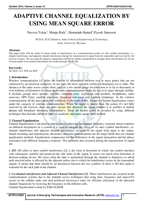 (PDF) ADAPTIVE CHANNEL EQUALIZATION BY MEAN SQUARE ERROR | Viva Kum - Academia.edu