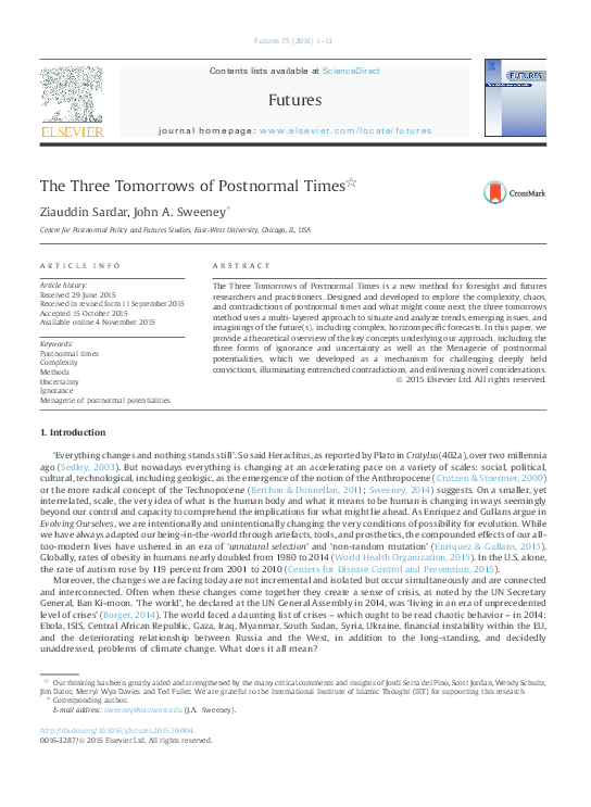 (PDF) The Three Tomorrows of Postnormal Times