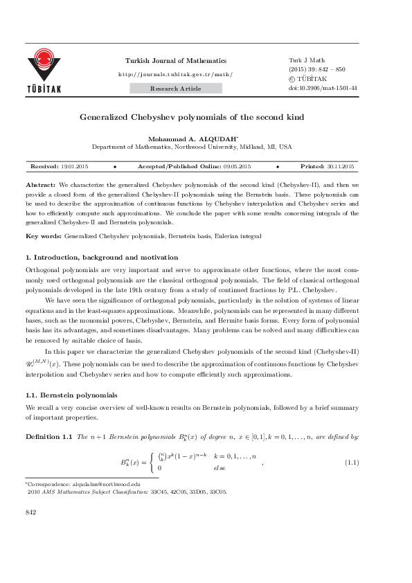 (PDF) Generalized Chebyshev polynomials of the second kind