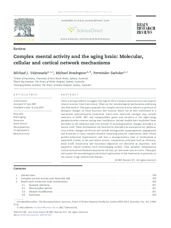 (PDF) Complex mental activity and the aging brain: Molecular, cellular and cortical network ...