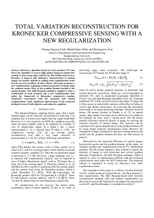 Pdf Total Variation Reconstruction For Kronecker Compressive Sensing With A New Regularization
