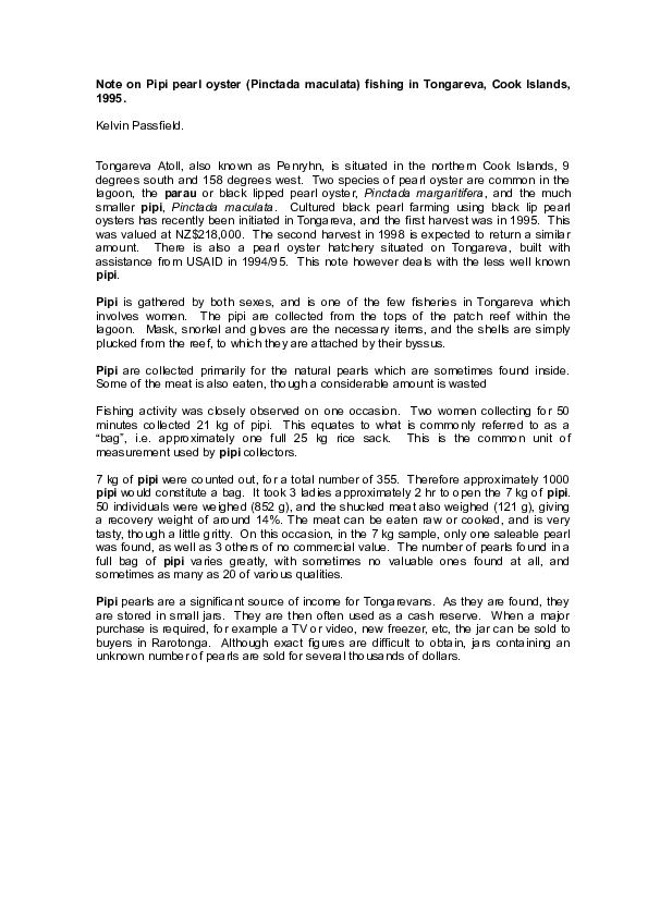 (DOC) Note on Pipi pearl oyster (Pinctada maculata) fishing in ...