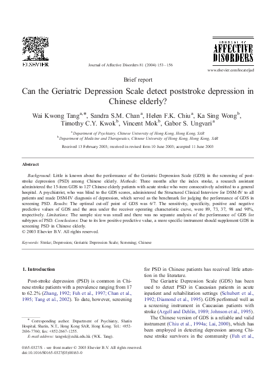 (PDF) Can the Geriatric Depression Scale detect poststroke depression ...