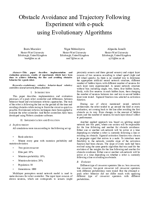 Pdf Obstacle Avoidance And Trajectory Following Experiment With E Puck Using Evolutionary 