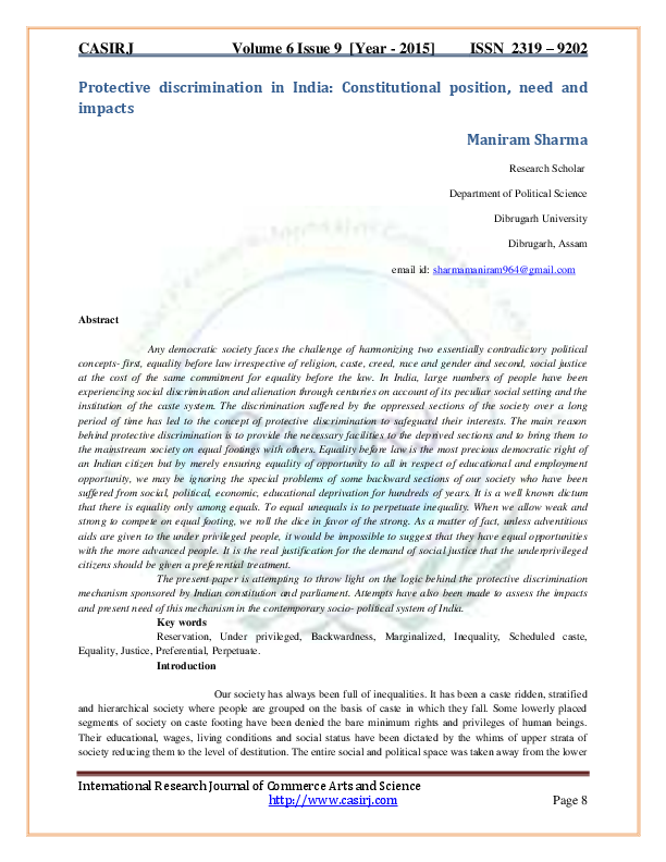 (PDF) Protective discrimination in India: Constitutional position, need ...