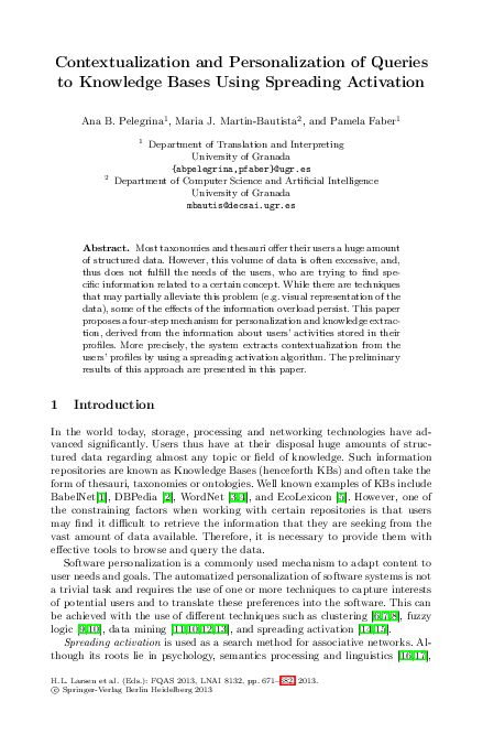 (PDF) Contextualization and Personalization of Queries to Knowledge Bases Using Spreading Activation