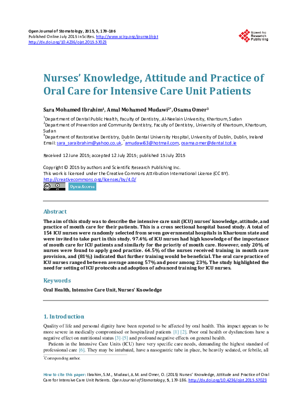 (PDF) Critical care nurses’ knowledge, attitudes and practices of oral care for patients with ...