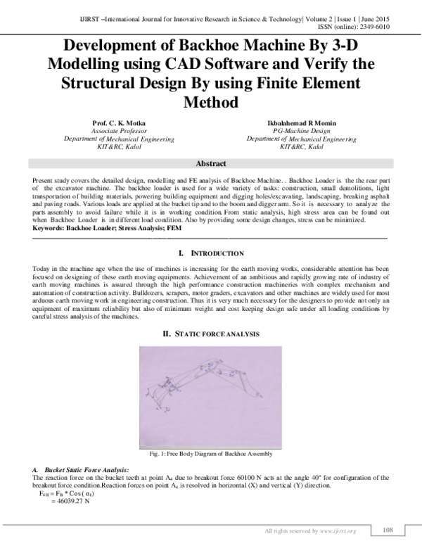 Pdf Development Of Backhoe Machine By 3 D Modelling Using Cad Software And Verify The