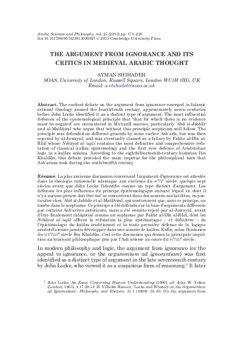 (PDF) The Argument from Ignorance and Its Critics in Medieval Arabic ...