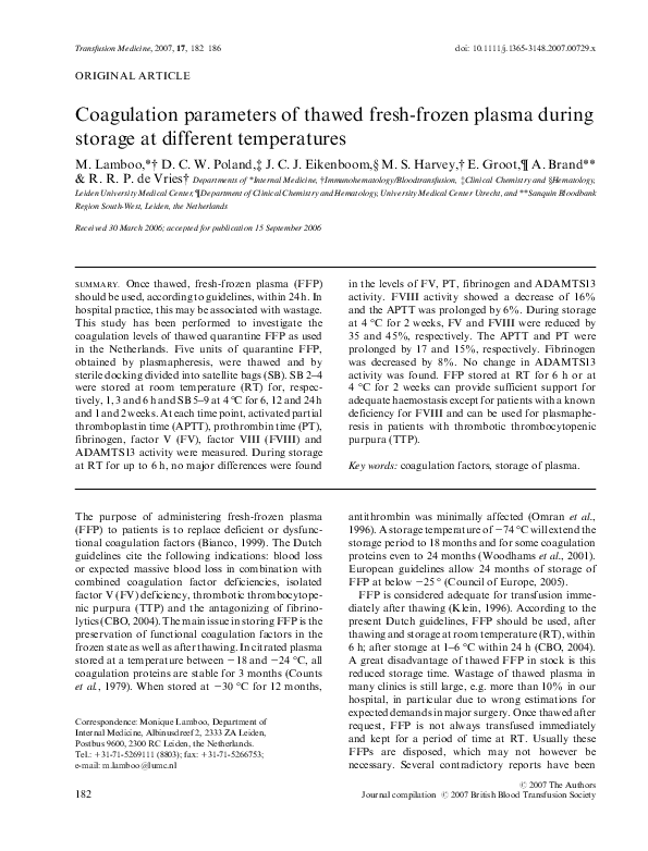 (PDF) Coagulation parameters of thawed fresh-frozen plasma during ...