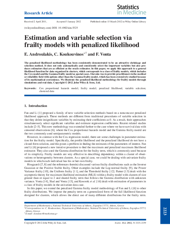 Estimation And Variable Selection Via Frailty Models With Penalized Likelihood