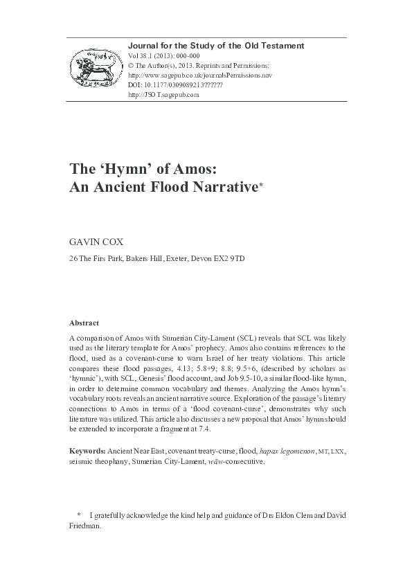 (PDF) The ‘Hymn’ of Amos: An Ancient Flood Narrative. Journal for the ...