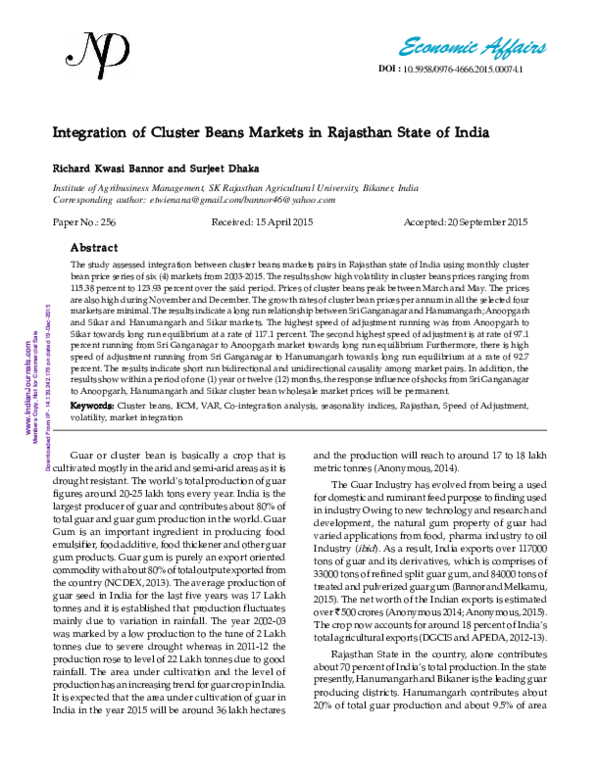 (PDF) Integration of cluster beans markets in Rajasthan state of India