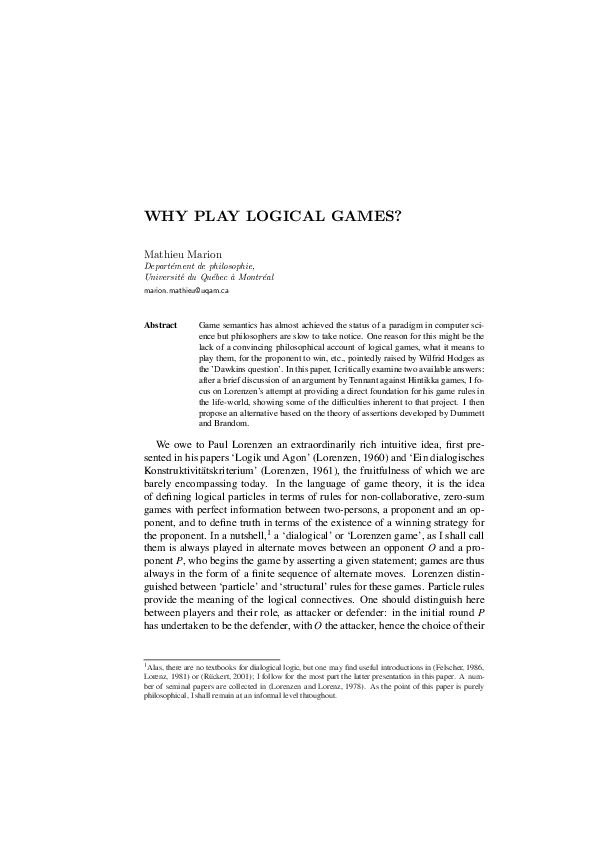(PDF) M. Marion, ‘Why Play Logical Games?’, in O. Majer, A.-V. Pietarinen and T. Tulenheimo (eds ...