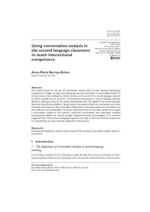 (PDF) Using conversation analysis in the second language classroom to ...
