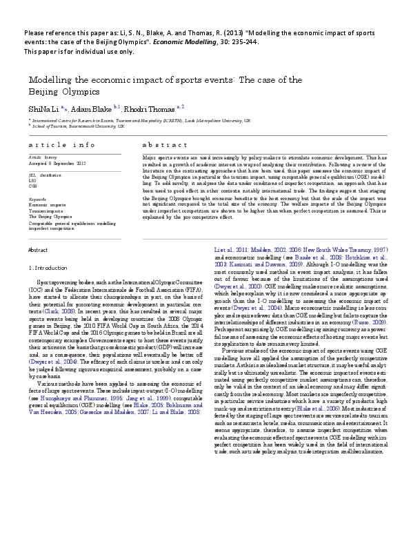 (PDF) Modelling the economic impact of sports events: the case of the ...