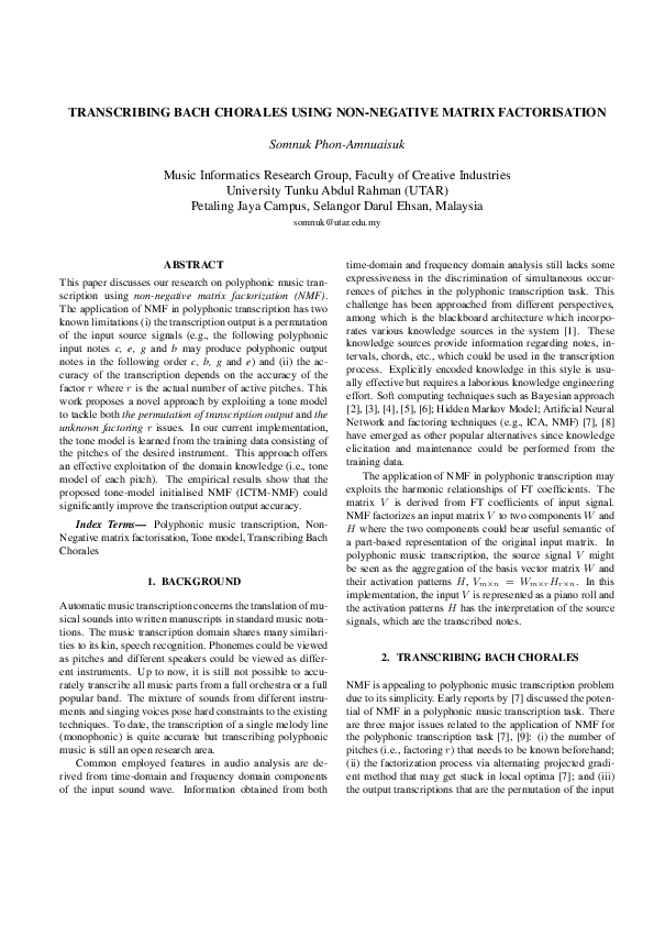 (PDF) Transcribing Bach Chorales using non-negative matrix factorisation