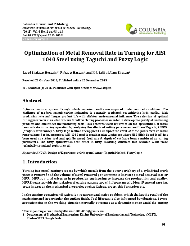 Optimization Of Metal Removal Rate In Turning For Aisi 1040 Steel Using Taguchi And Fuzzy Logic