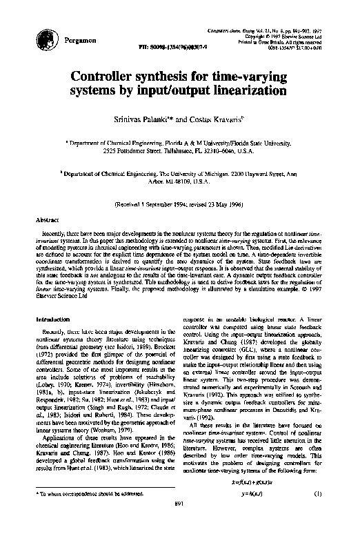 (PDF) Controller synthesis for time-varying systems by input/output linearization