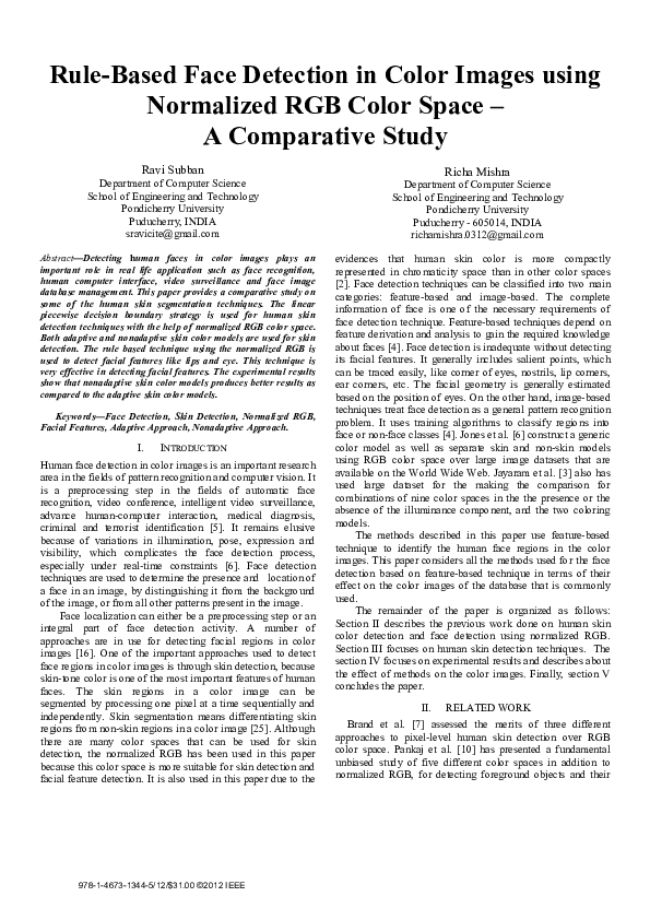 Pdf Rule Based Face Detection In Color Images Using Normalized Rgb Color Space — A Comparative