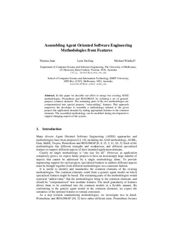 (PDF) Assembling Agent Oriented Software Engineering Methodologies from Features