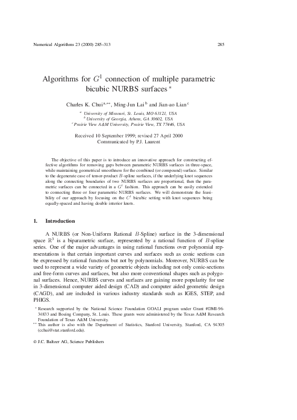 (PDF) Algorithms for G 1 connection of multiple parametric bicubic NURBS surfaces