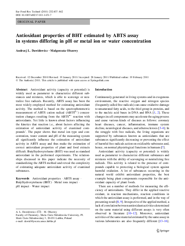 (PDF) Antioxidant properties of BHT estimated by ABTS assay in systems ...