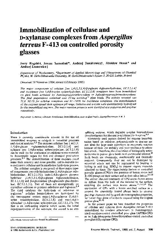 (PDF) Immobilization of cellulase and d-xylanase complexes from Aspergillus terreus F-413 on ...