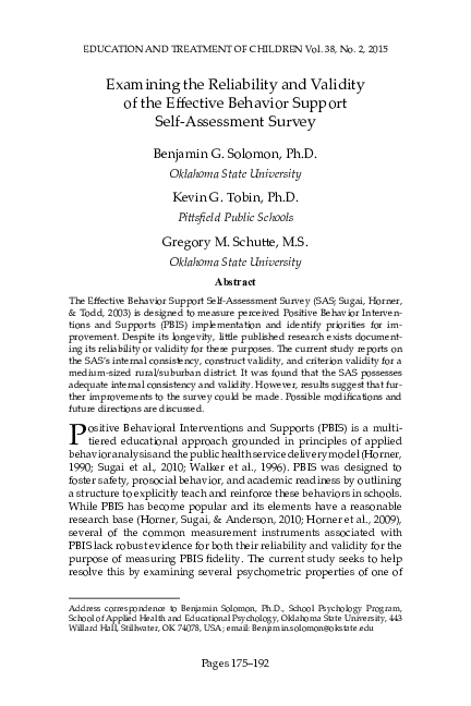 (PDF) Examining the Reliability and Validity of the Effective Behavior Support Self-Assessment ...