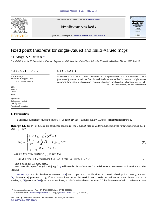 Pdf Fixed Point Theorems For Single Valued And Multi Valued Maps Endre Pap 