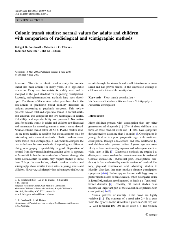 (PDF) Colonic transit studies: normal values for adults and children ...