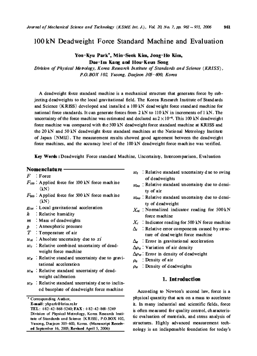 (PDF) 100 kN deadweight force standard machine and Evaluation