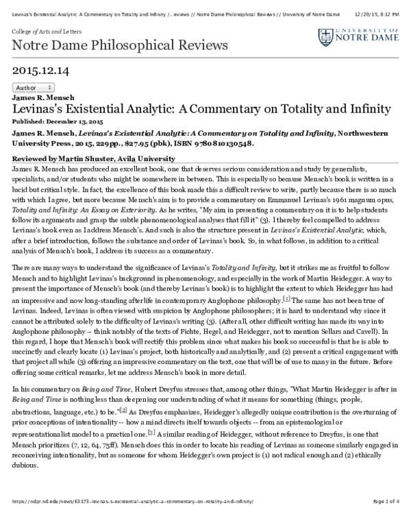 (PDF) Review of James Mensch's _Levinas's Existential Analytic: A ...