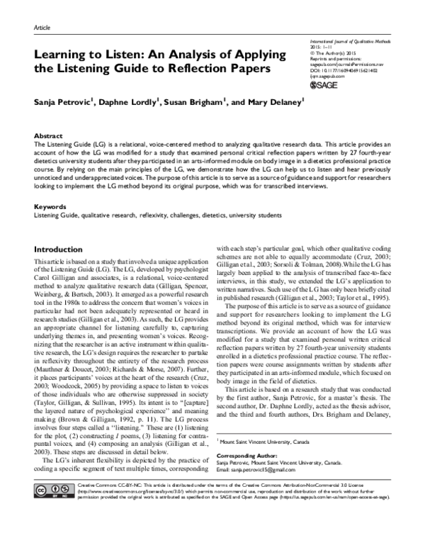 (PDF) Learning to listen: An analysis of applying the listening guide ...