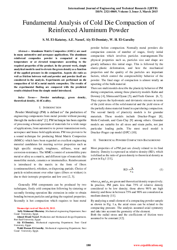 (PDF) Fundamental Analysis of Cold Die Compaction of Reinforced ...