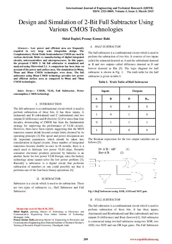 (PDF) Design and Simulation of 2-Bit Full Subtractor Using Various CMOS ...