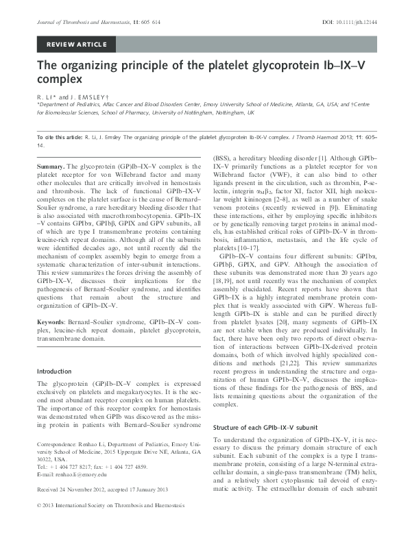 (PDF) The organizing principle of the platelet glycoprotein Ib-IX-V complex