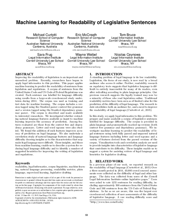 (PDF) Machine Learning for Readability of Legislative Sentences