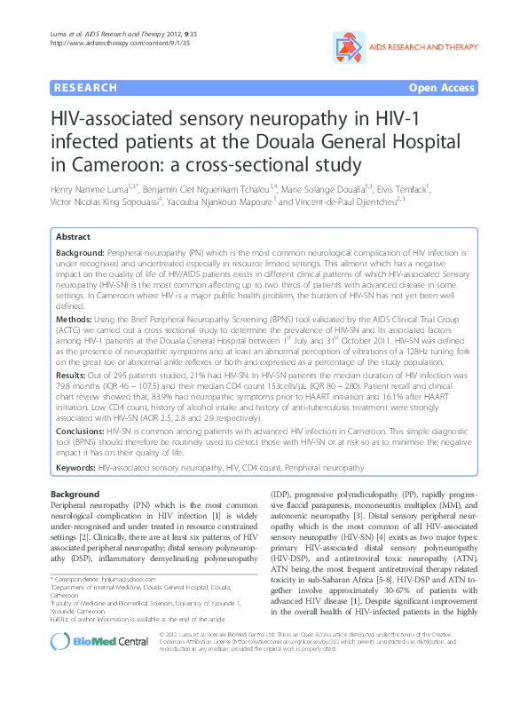 (PDF) HIV associated sensory neuropathy in HIV1 infected patients at ...