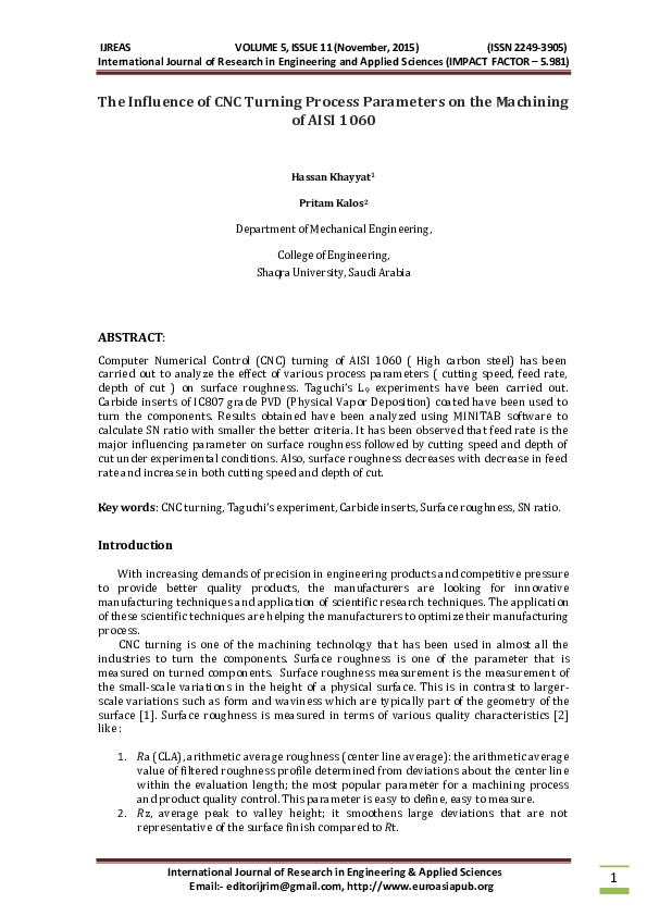 Pdf The Influence Of Cnc Turning Process Parameters On The Machining Of Aisi 1060 Euro Asia