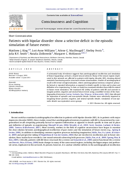 (PDF) Patients with bipolar disorder show a selective deficit in the ... (PDF) Patients with bipolar disorder show a selective deficit in the ...