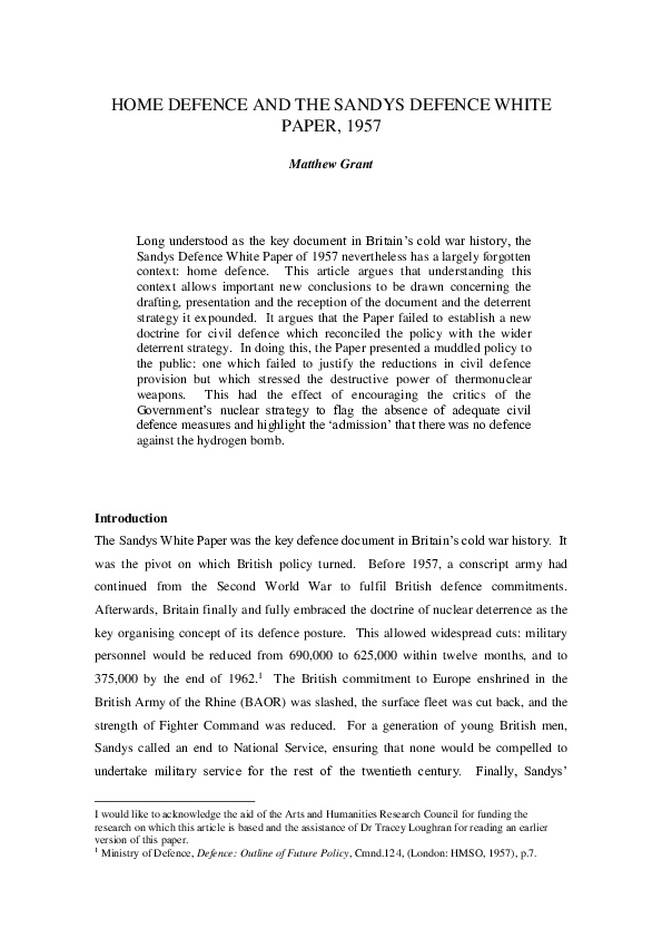 (PDF) Home Defence and the Sandys Defence White Paper, 1957