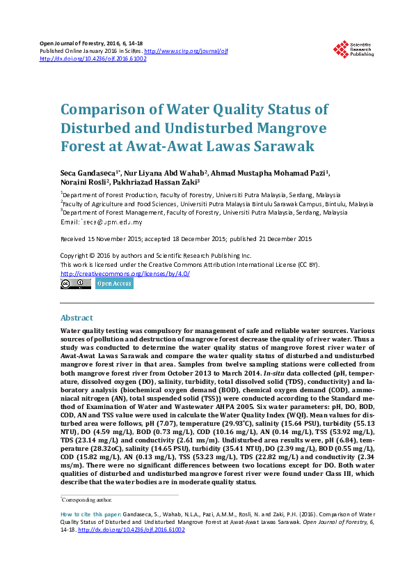 (PDF) Comparison of Water Quality Status of Disturbed and Undisturbed ...