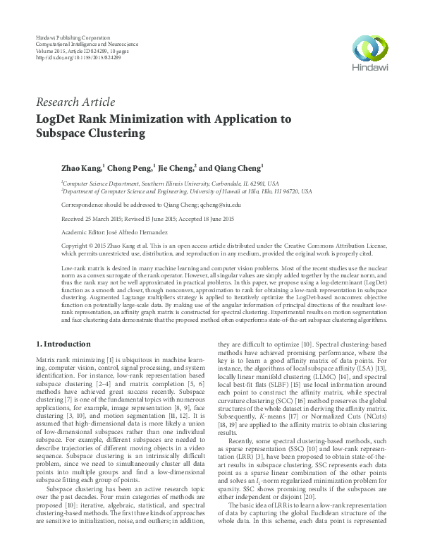 Pdf Logdet Rank Minimization With Application To Subspace Clustering