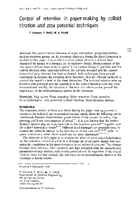 (PDF) Control of retention in paper-making by colloid titration and ...